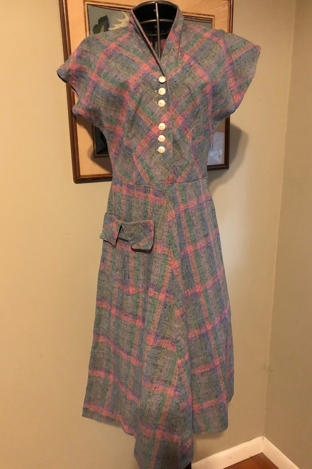 1940s Subdued Plaid Dress With Statement Pocket - Etsy