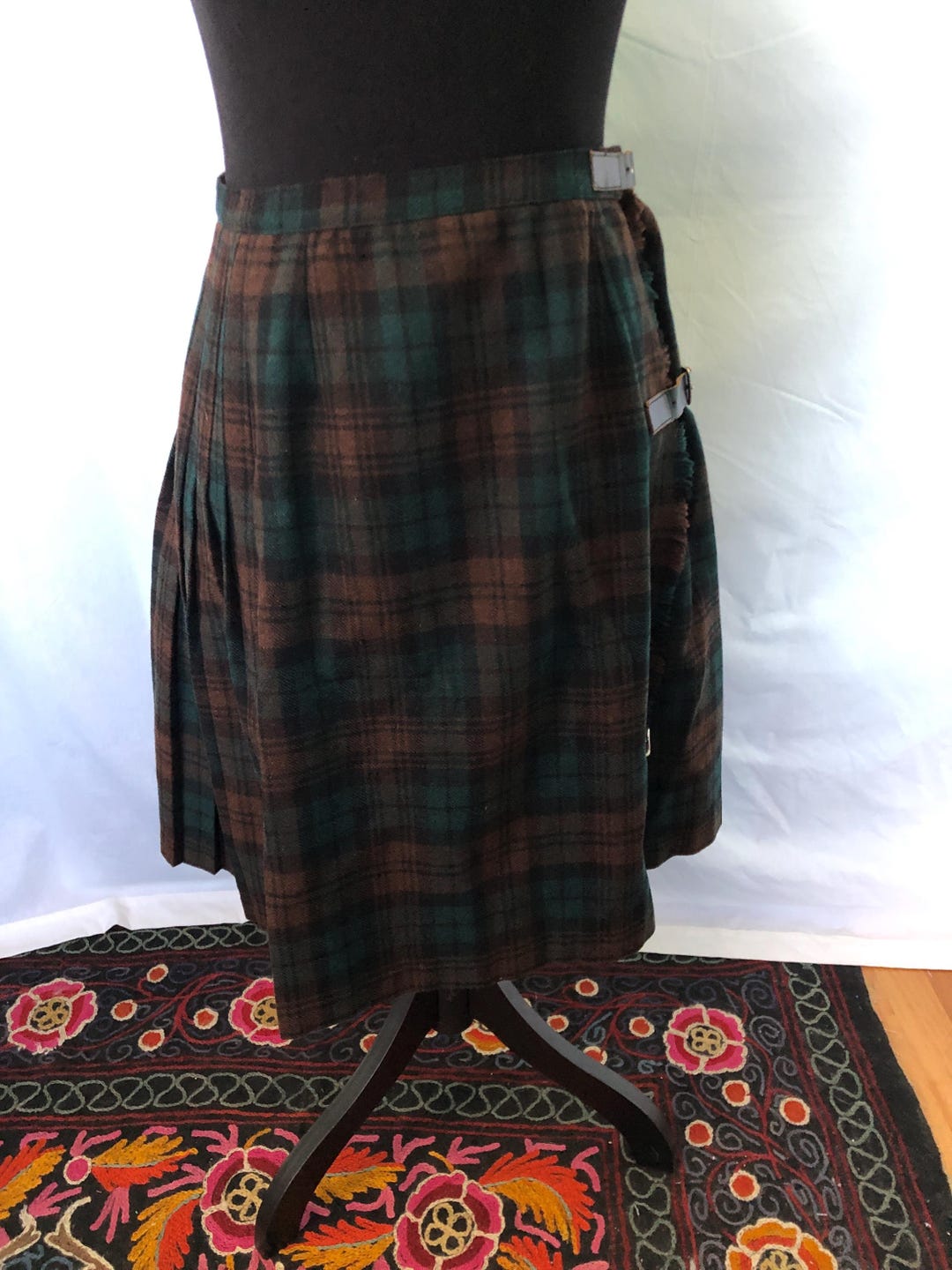 Early 1960s Brown and Dark Green Wool Kilt With Leather Strap Closure ...