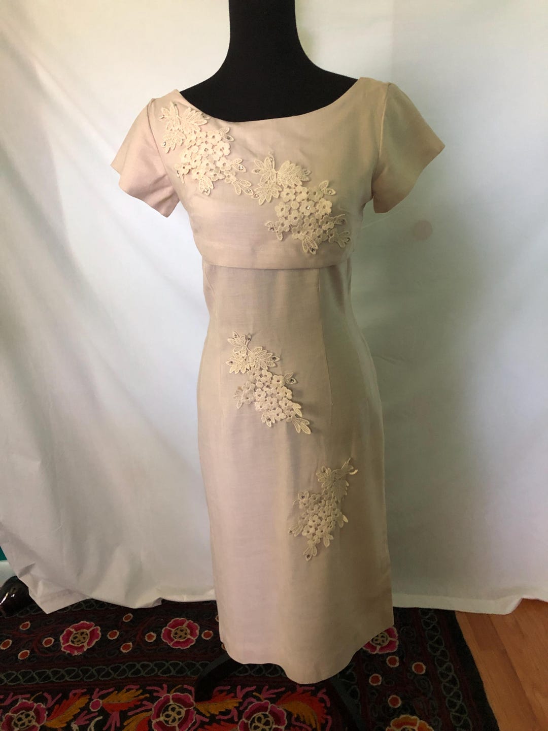 1950s Beige Linen Sheath With Bolero Bodice and Lace and Rhinestone ...