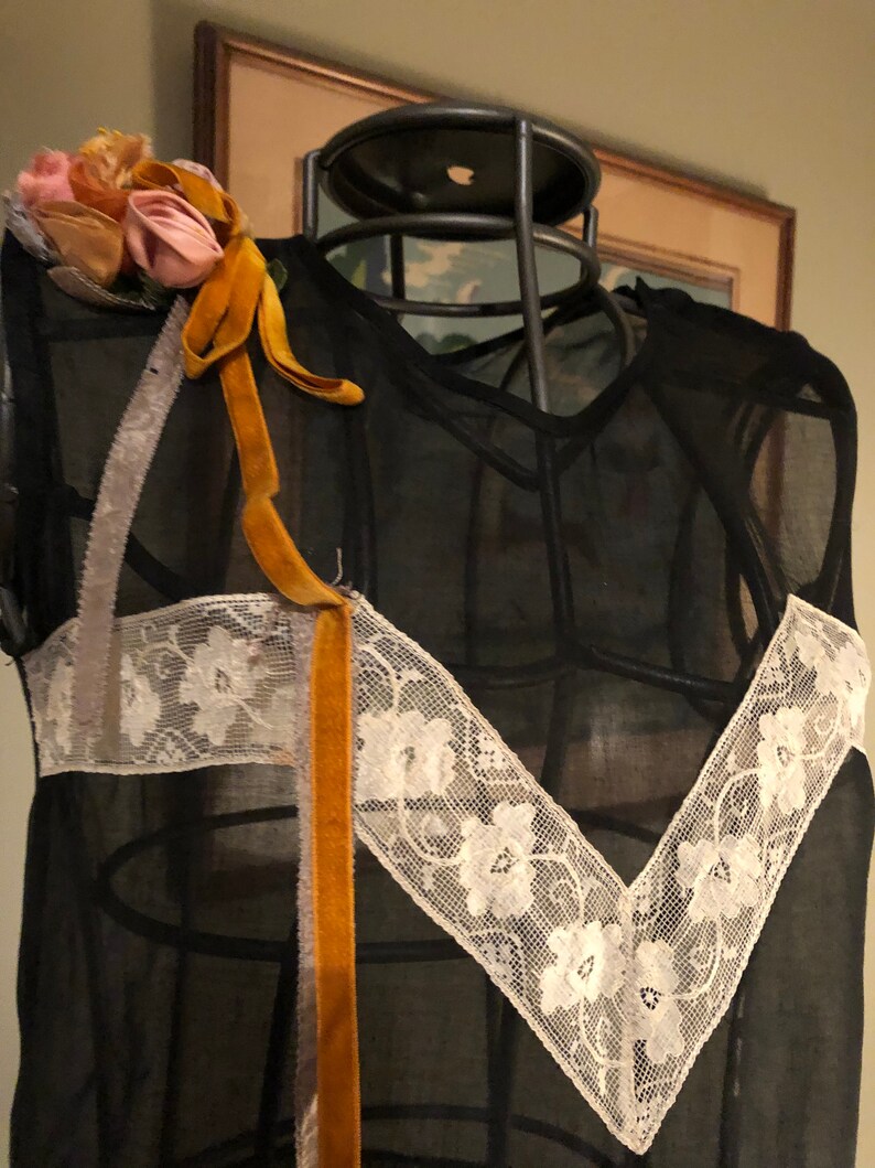 1920s black organdy dress with ribbons lace and corsage | Etsy