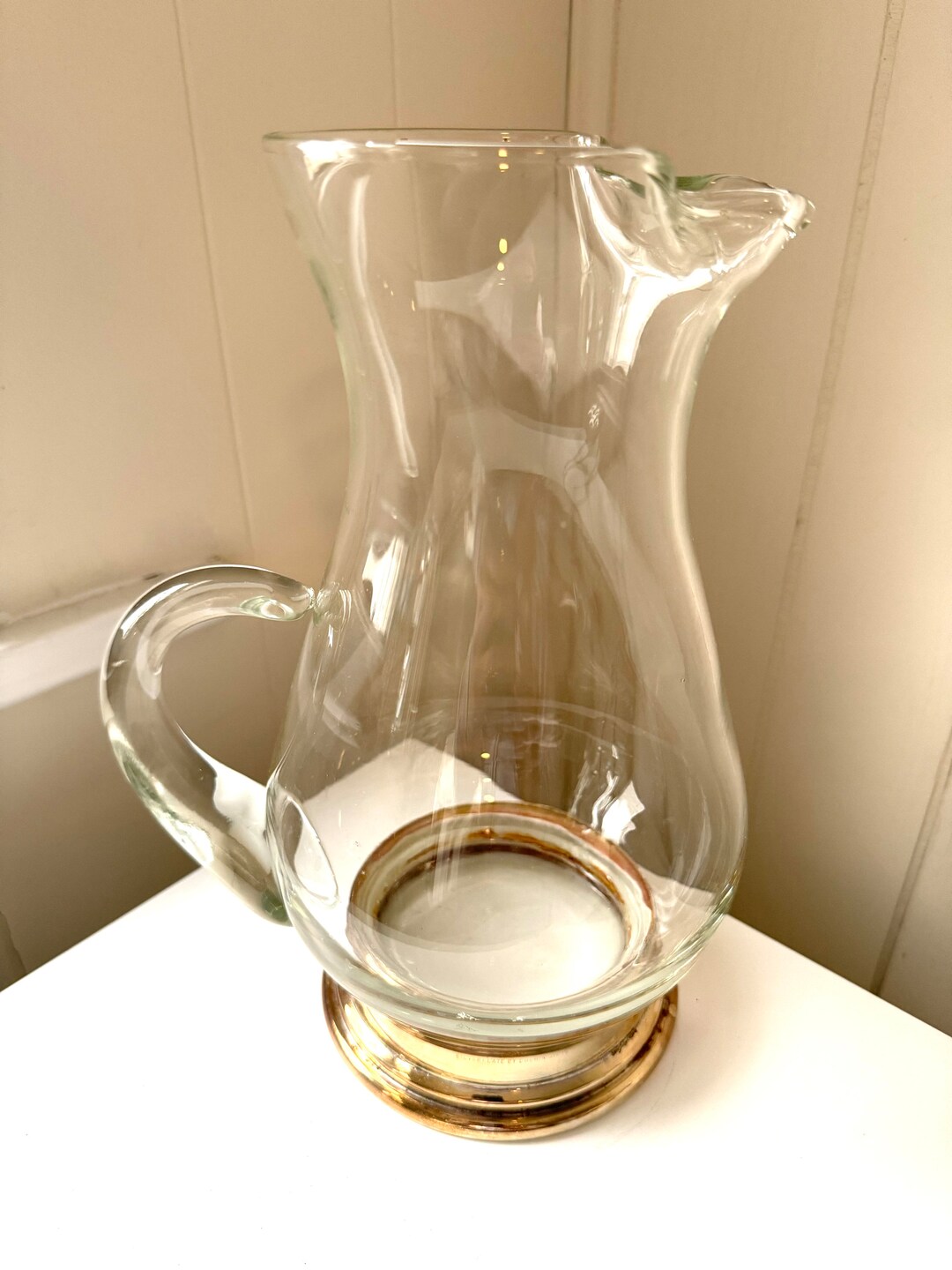 Vintage MCM 1960s Glass Pitcher With Silver Base - Etsy