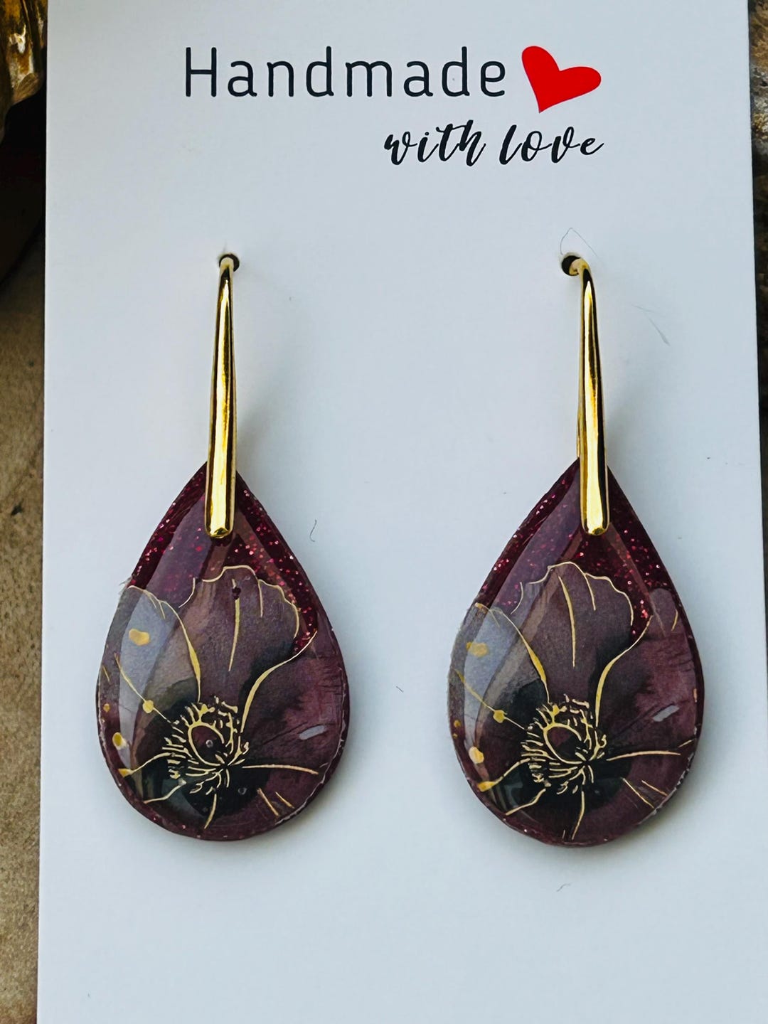 Rose Gold Poppy Drop Earrings, Made of Polymer Clay, Handmade Japanese ...