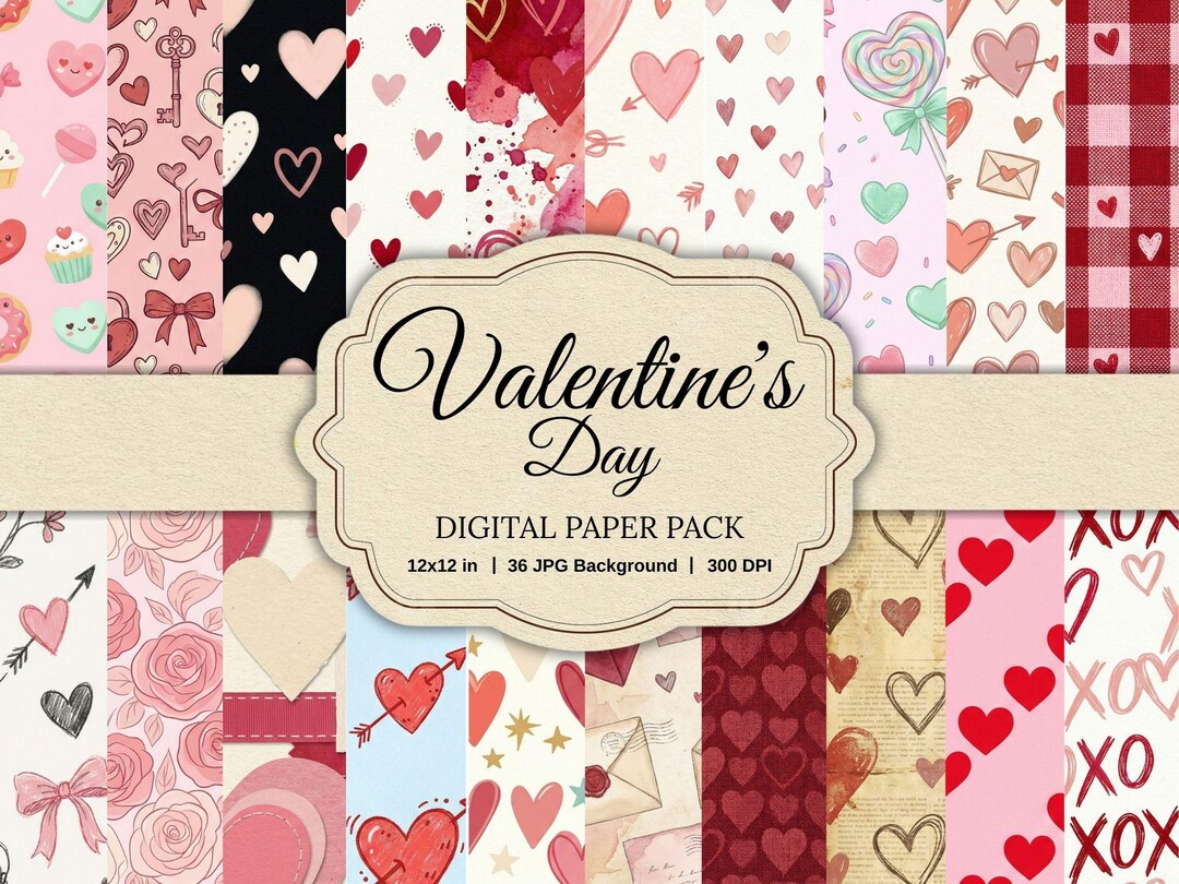 Valentine's Day Hearts Digital Paper, Scrapbook Backgrounds, Love Theme ...