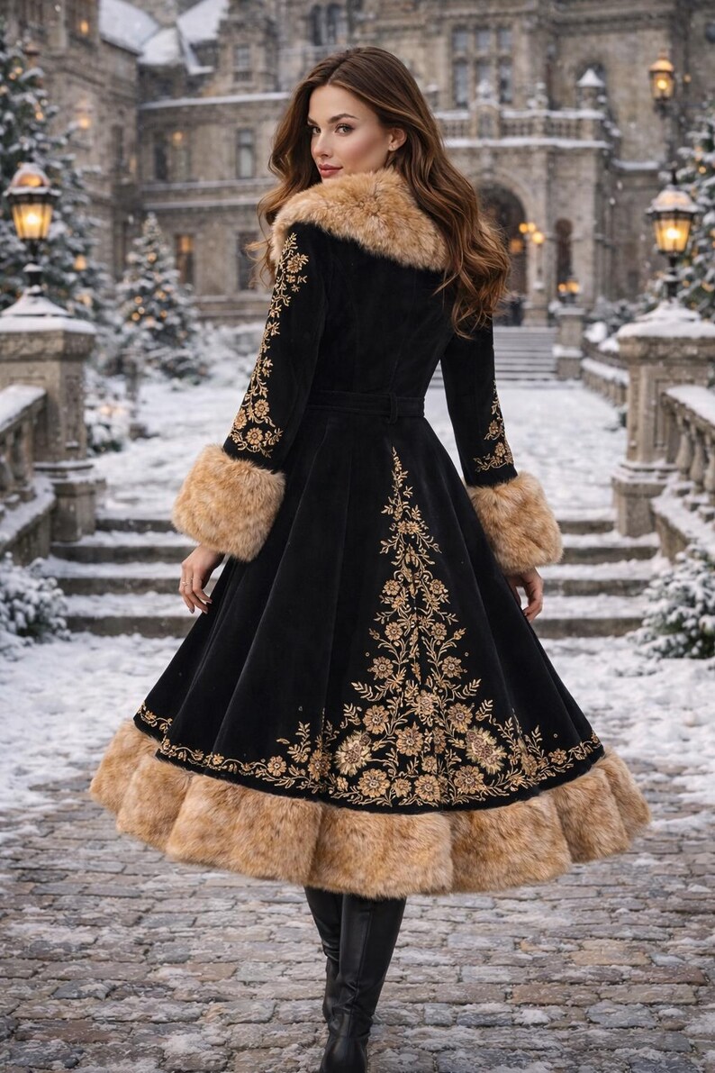 Victorian Black Velvet Coat With Faux Fur Trim | Gold Embroidered ...