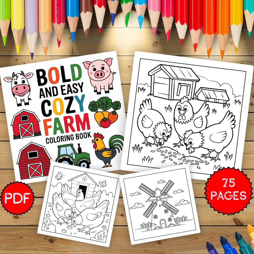 Cozy Farm Coloring Book, 75 Bold and Easy Printable Pages With Cute ...