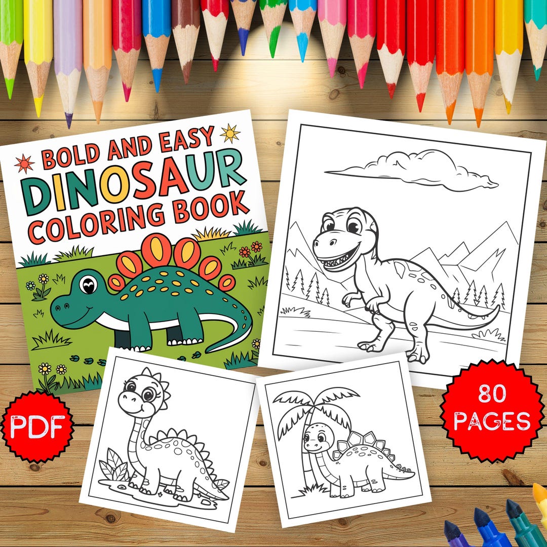 Bold and Easy Dinosaur Coloring Book, 80 Printable Pages With Cute ...