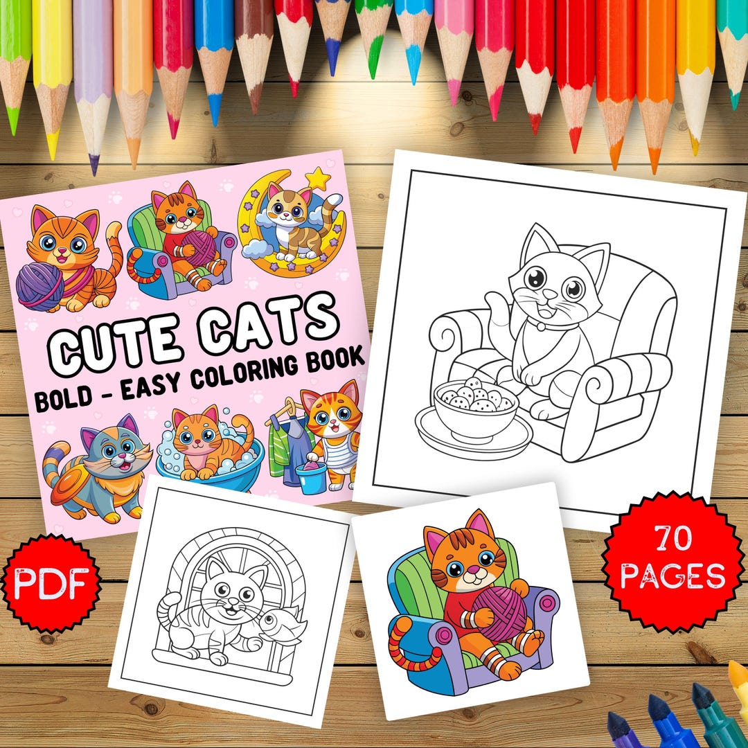 Cute Cats Coloring Book, 70 Bold and Easy Printable Pages With Adorable ...