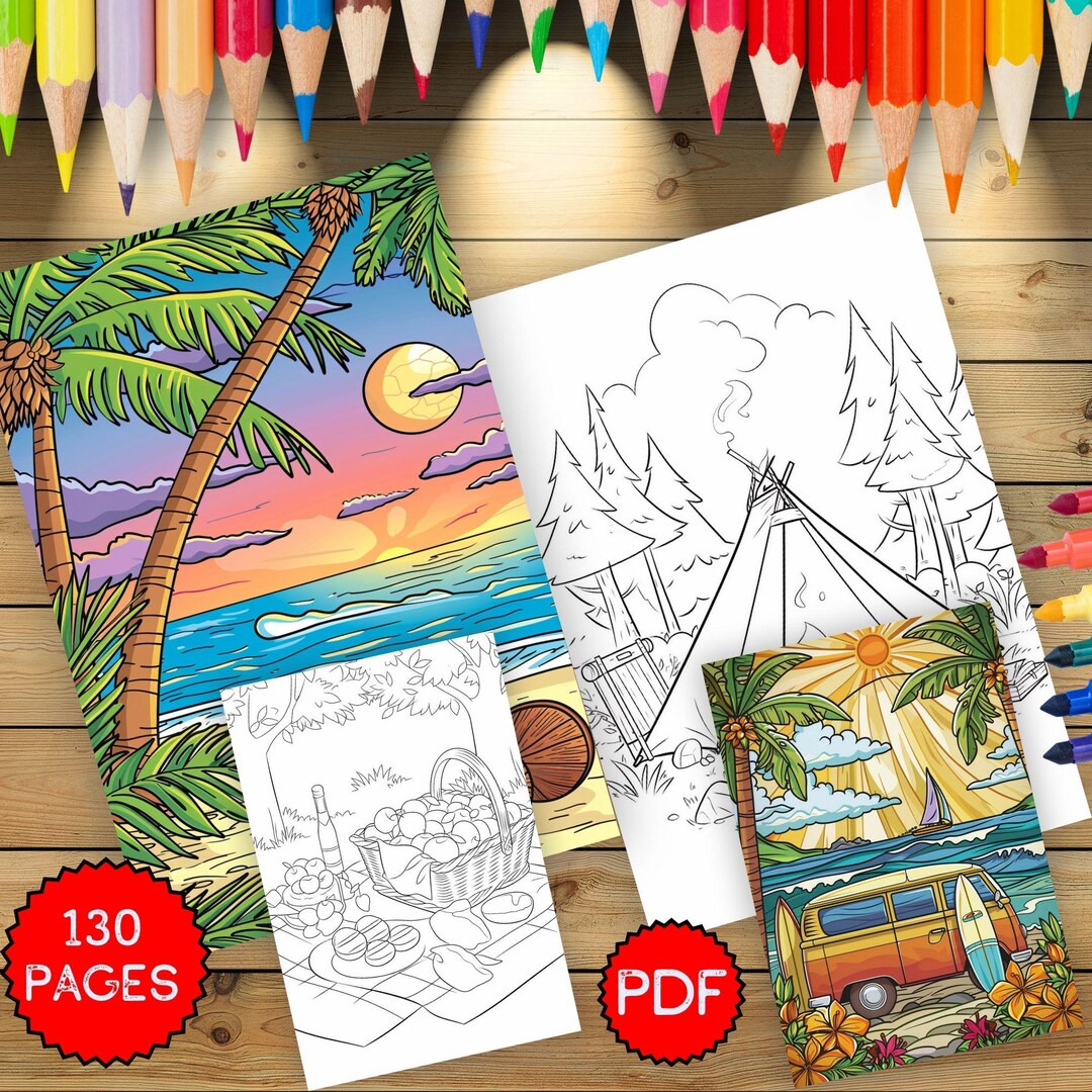 Beach and Camping Coloring Pages, Relaxing Summer Art (130 Pages PDF ...