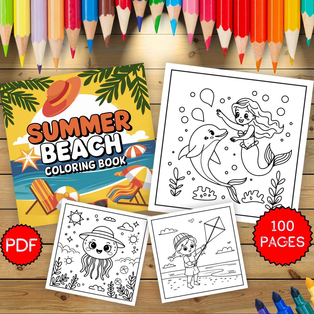 Summer Beach Coloring Book, 100 Pages, Vacation Scenes (digital ...