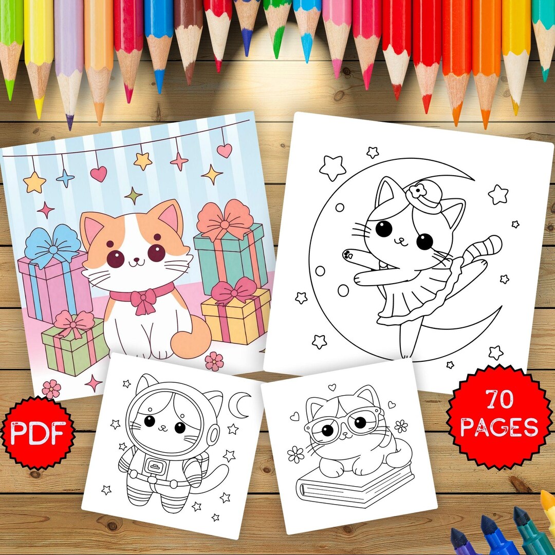 Kawaii Cat Coloring Pages, 70 Pages PDF, Cute Kitty Coloring Book for ...