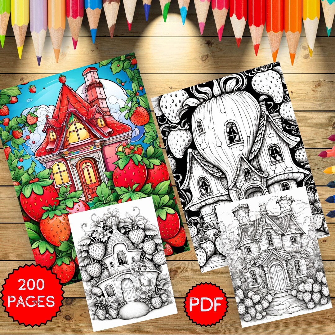 Strawberry House Coloring Pages, 200 Fantasy Cottage Designs for Adults ...