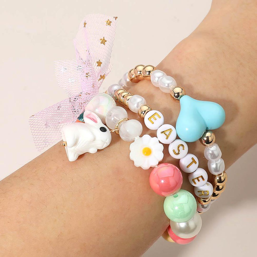 Easter Bunny Charm Beaded Bracelet Stack, Stretch Bracelets, Spring ...