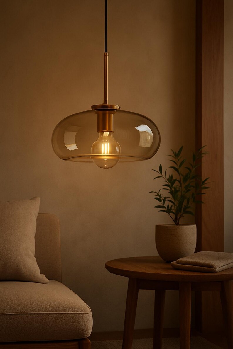 Amber Glass Pendant Light – Modern Japandi Ceiling Lamp With Brass ...