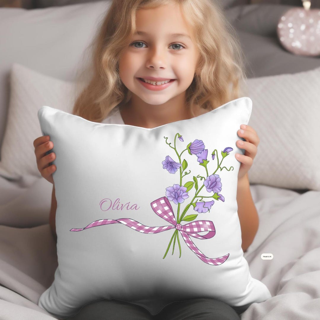 April Birth Floral Pillow | Custom Name Sweet Pea Bouquet Throw Pillow ...