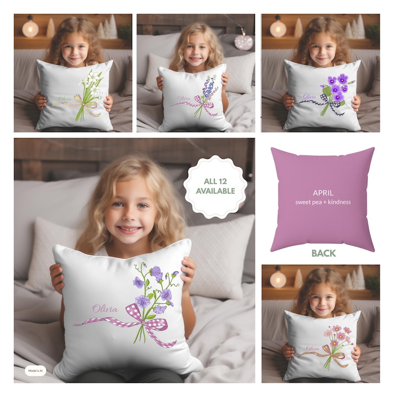 April Birth Floral Pillow | Custom Name Sweet Pea Bouquet Throw Pillow ...