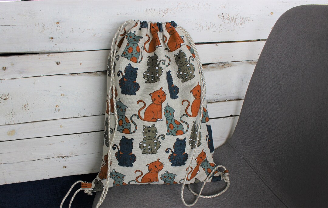 Linen Backpack With Cats Pattern, Canvas Drawstring Backpack, Cats ...