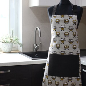 Linen Apron With Yellow Owl Pattern, Personalized Kitchen Apron With ...
