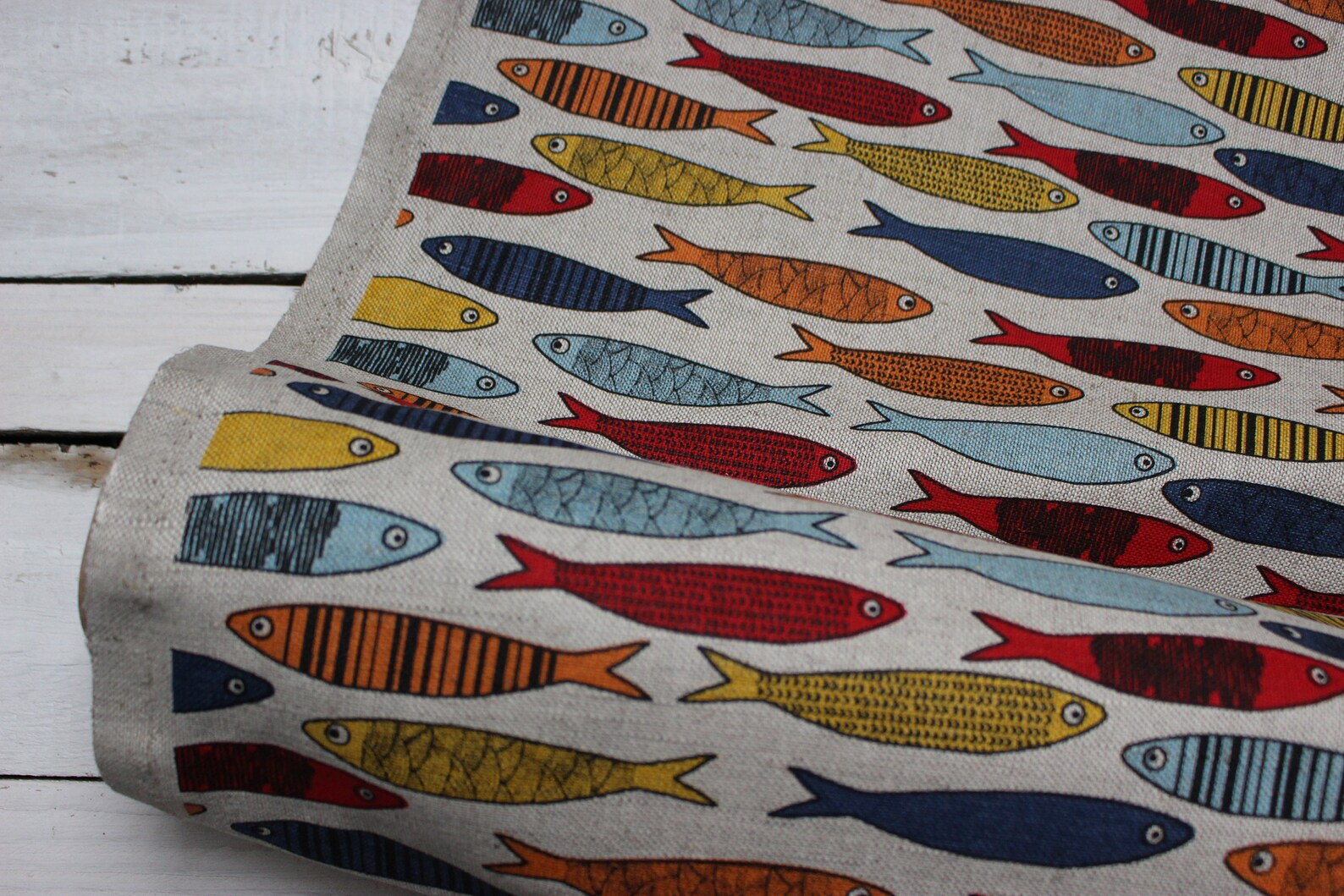 Linen Fabric With Fish Pattern, Canvas With Fishes Print, Linen Fabric ...