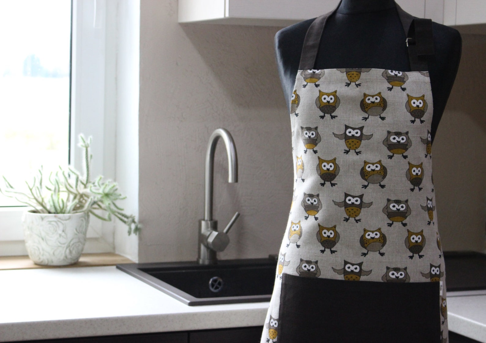 Linen Apron With Yellow Owl Pattern Personalized Kitchen - Etsy