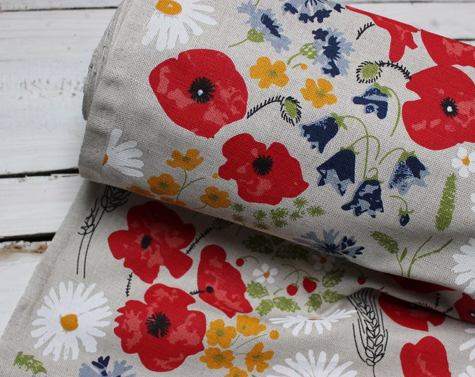 Fabric With Meadow Flowers, Linen Fabric With Poppy Flowers Pattern by ...