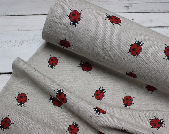 Linen Fabric With Ladybugs, Printed Linen Fabric by Half Meter, Sewing ...