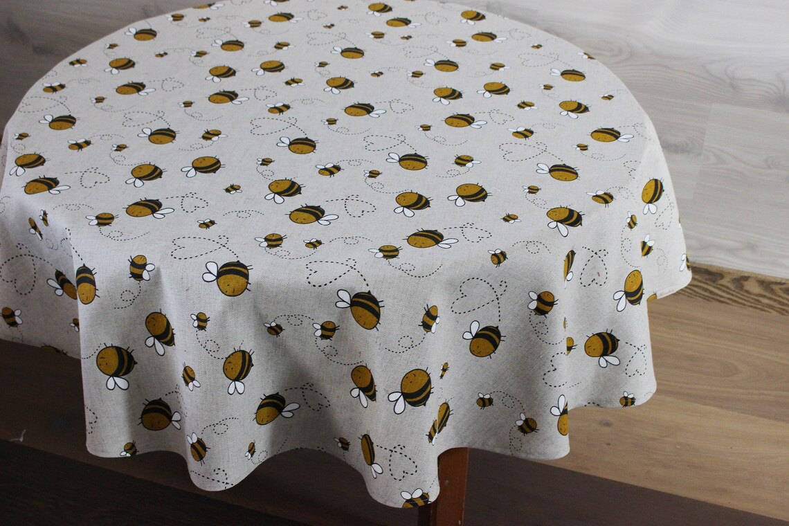 Round Linen Tablecloth With Bees Print Oval Cottage Table | Etsy