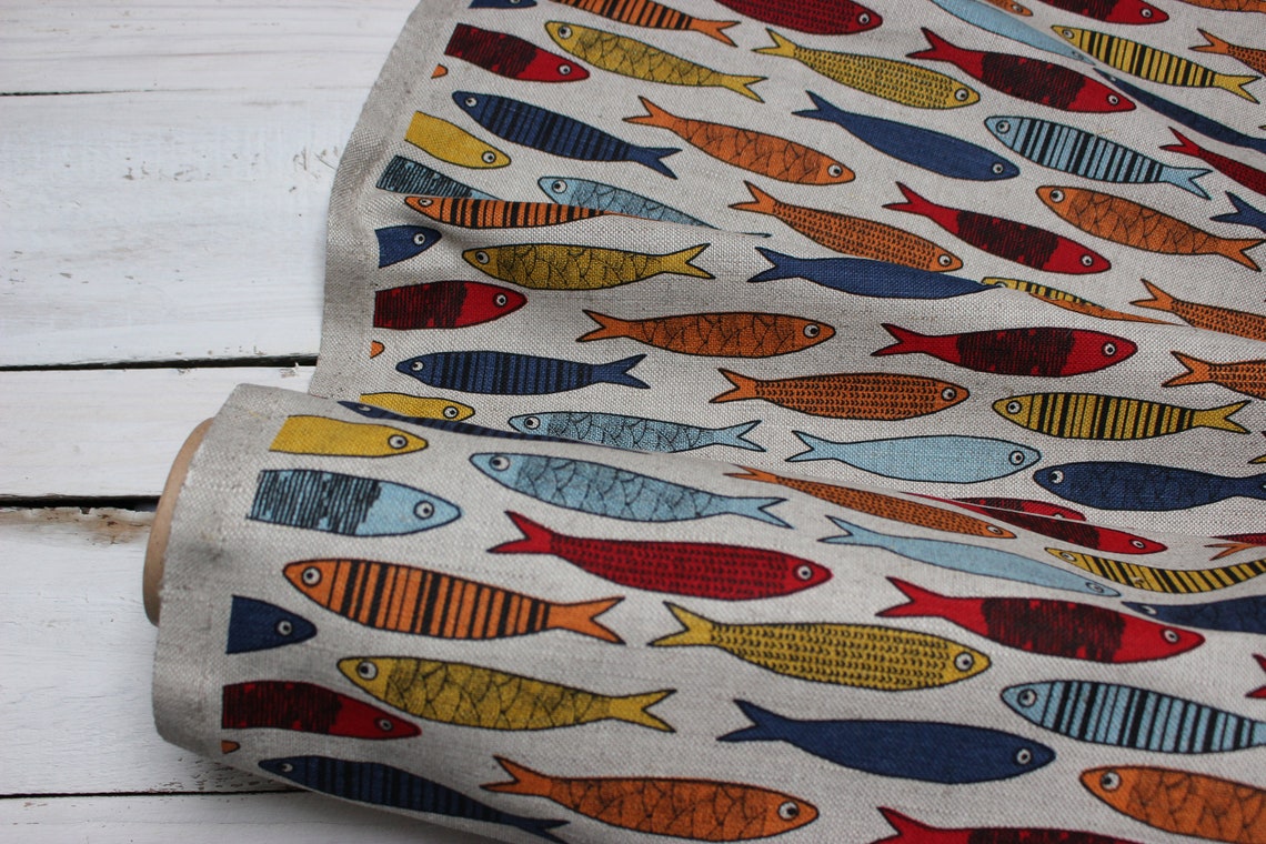 Linen fabric with fish Pattern canvas with fishes print | Etsy