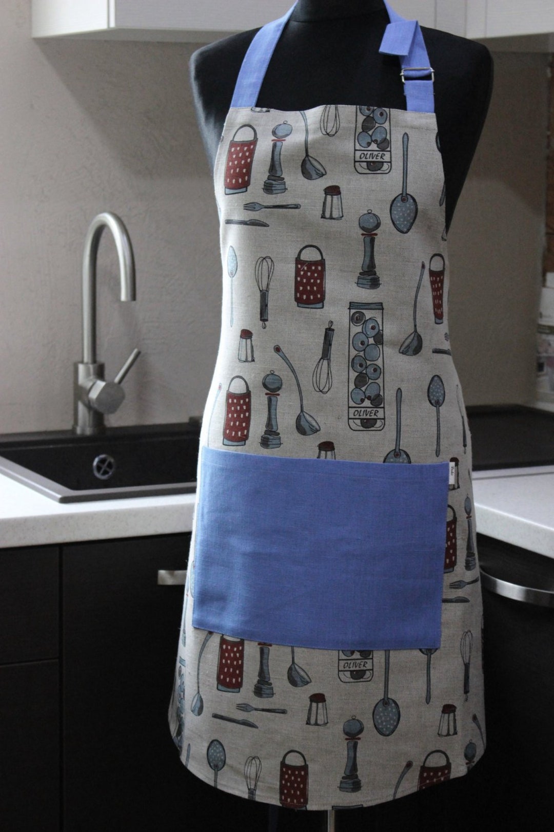 Linen Chef Apron: Kitchen Tools Print, Blue Pocket - Etsy