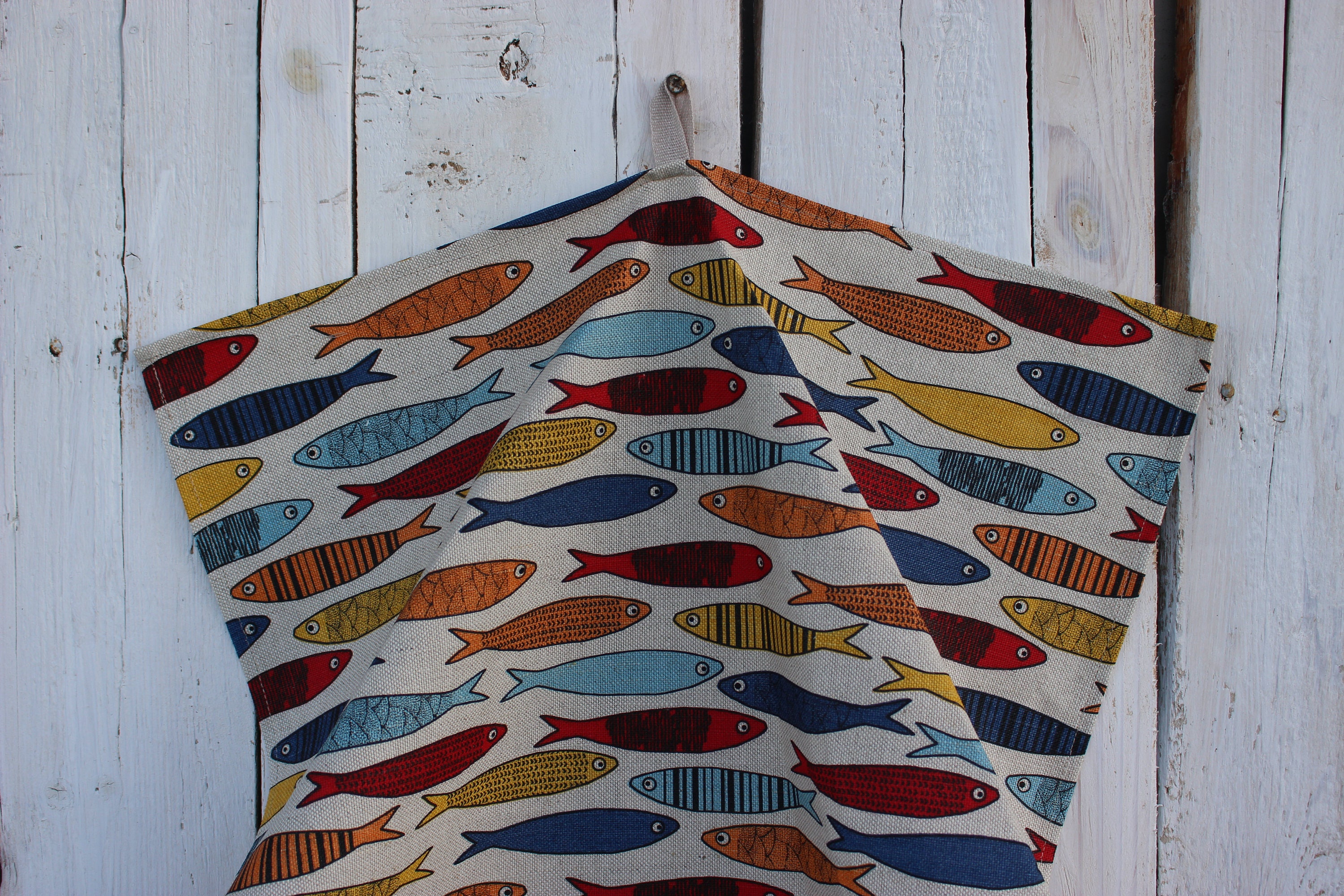 Towel With Colored Fish, Linen Tea Towel, Kitchen Towel, Dish Towel ...