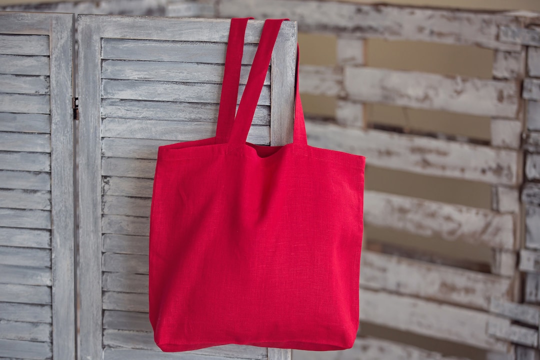 Red Linen Bag, Canvas Tote Bag, Red Color Linen Big Bag, Market Bag for ...