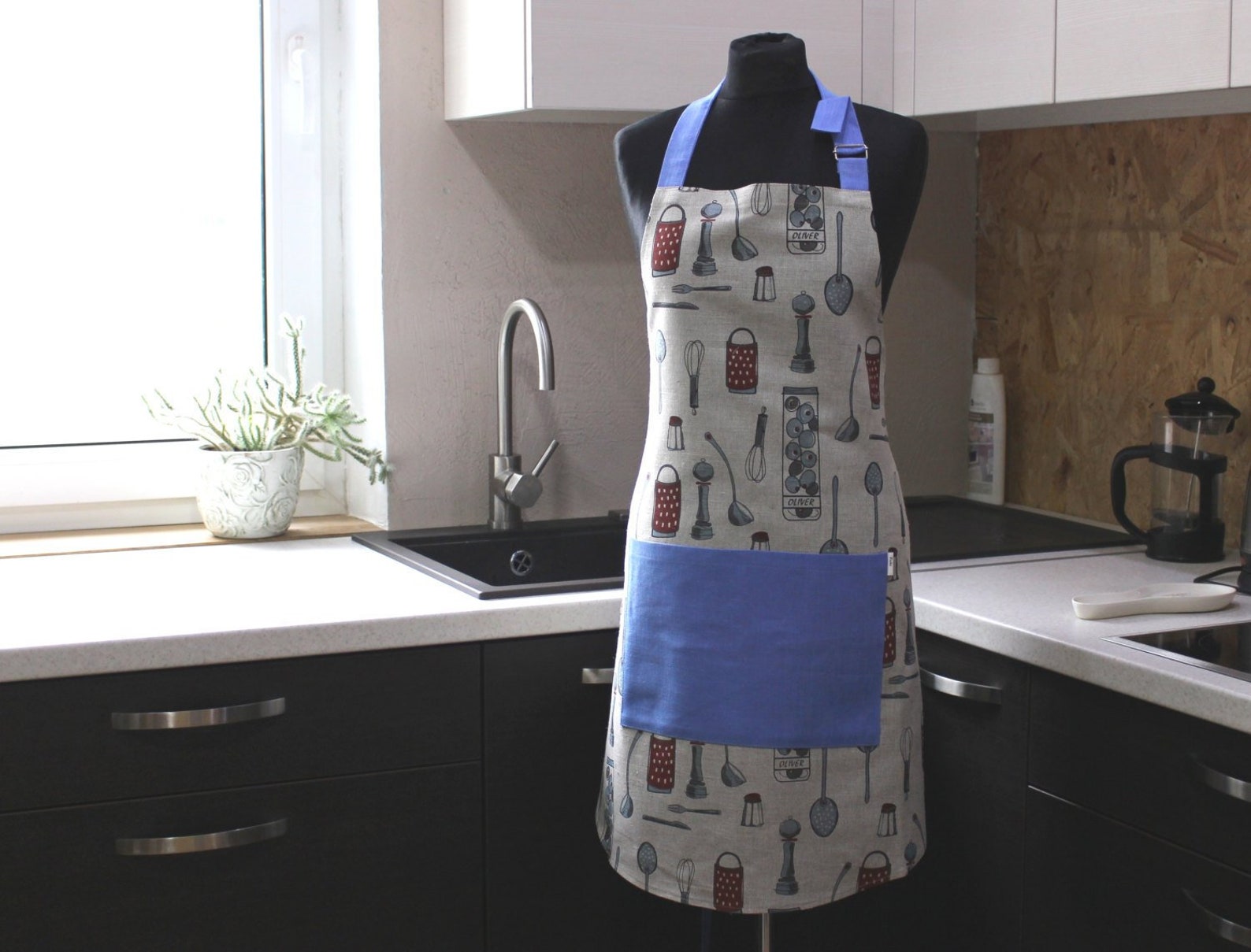 Linen Chef Apron: Kitchen Tools Print, Blue Pocket - Etsy