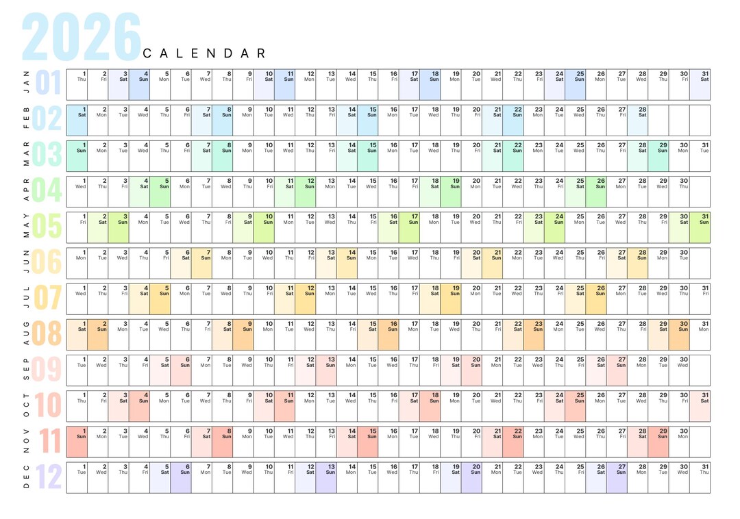2026 Yearly Wall Calendar | Digital Download | Minimalist | Rainbow ...
