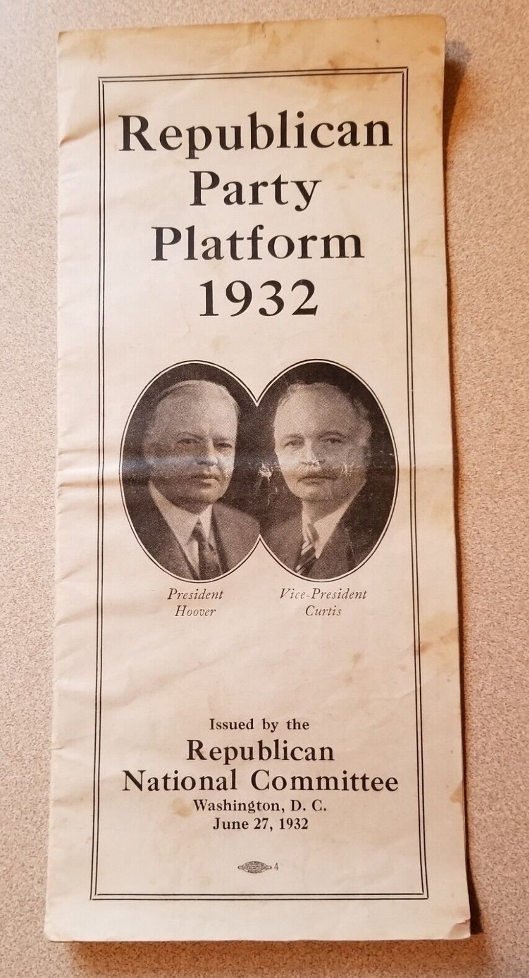 Vintage 1932 Platform of the Republican Party President Hoover VP ...