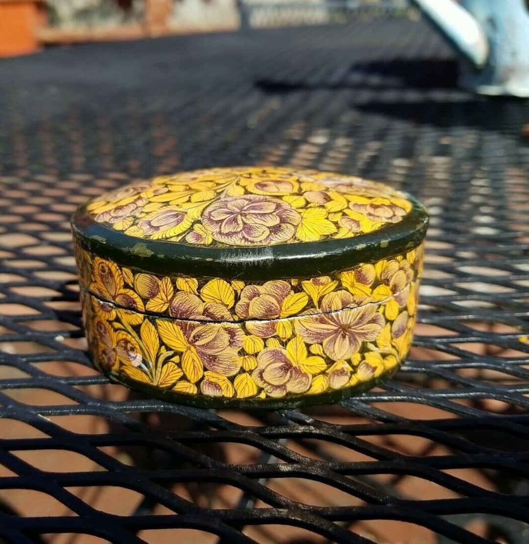 Vintage Black Lacquer Oval Trinket Box Hand Painted Floral - Etsy