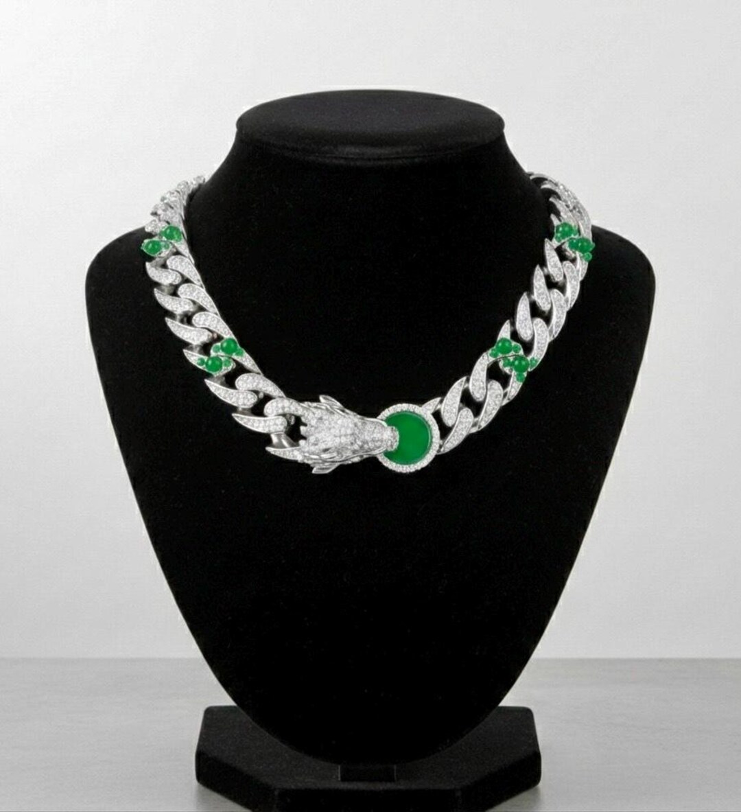 15mm Cuban Chain Necklace White Gold Plated Dragon Jade Beads Iced Out ...