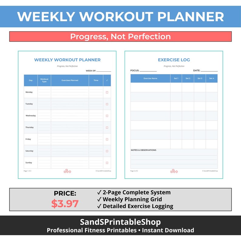 Weekly Workout Planner Printable PDF, Exercise Log Template, Gym ...