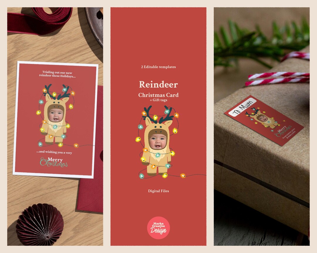 Editable Reindeer Christmas Card, Photo Template, Printable, Custom ...