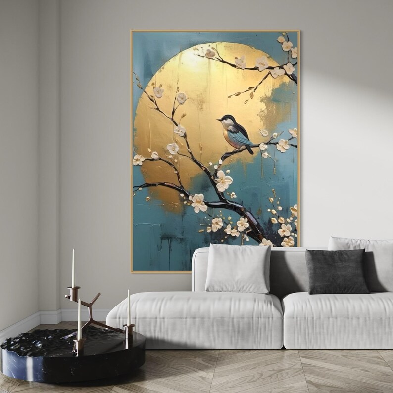 Wabi Sabi Bird Flowers Painting, Textured Blue Gold Moon Canvas Art ...