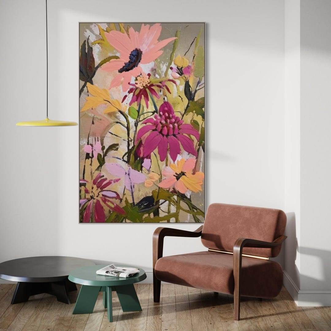 Colorful Wildflower Painting, Magenta Coneflower Blush Daisy Art ...