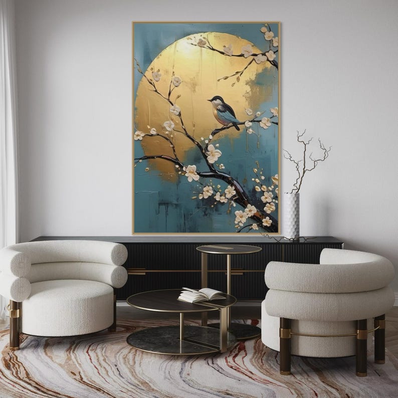 Wabi Sabi Bird Flowers Painting, Textured Blue Gold Moon Canvas Art ...