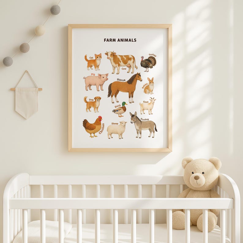 Watercolor Farm Animals Nursery Poster, Kids Learning Art (digital ...