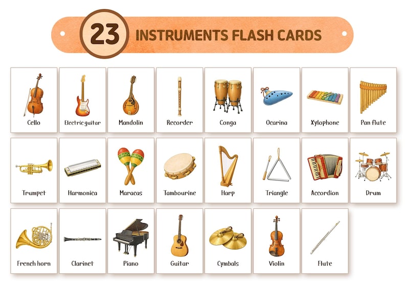 Musical Instruments Flash Cards for Kids Printable Montessori Music ...