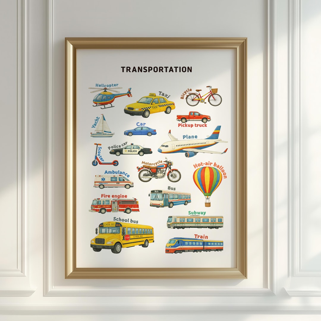Transportation Poster for Kids Printable Vehicles Chart for Preschool ...
