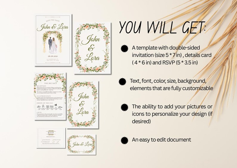 Wedding Invitation Bundle Template, Double Sided Editable Printable ...