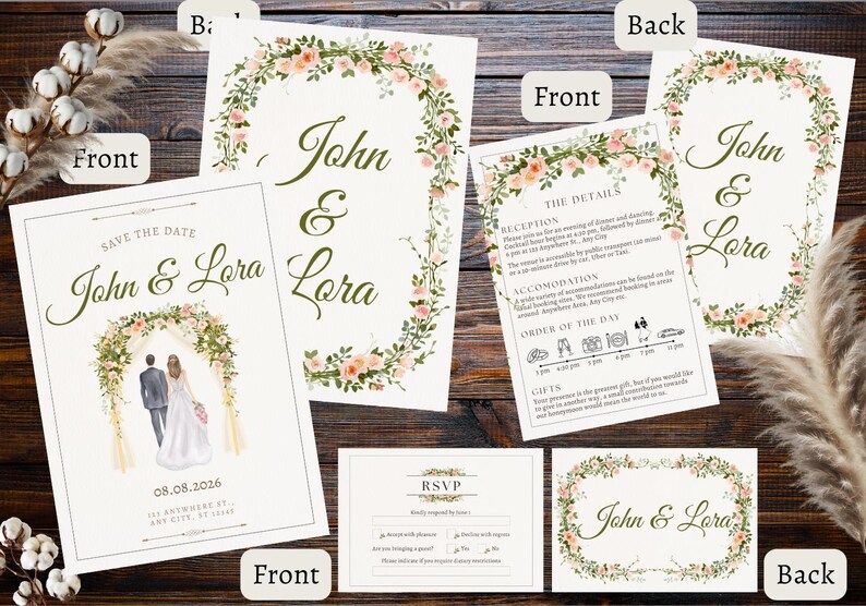 Wedding Invitation Bundle Template, Double Sided Editable Printable ...