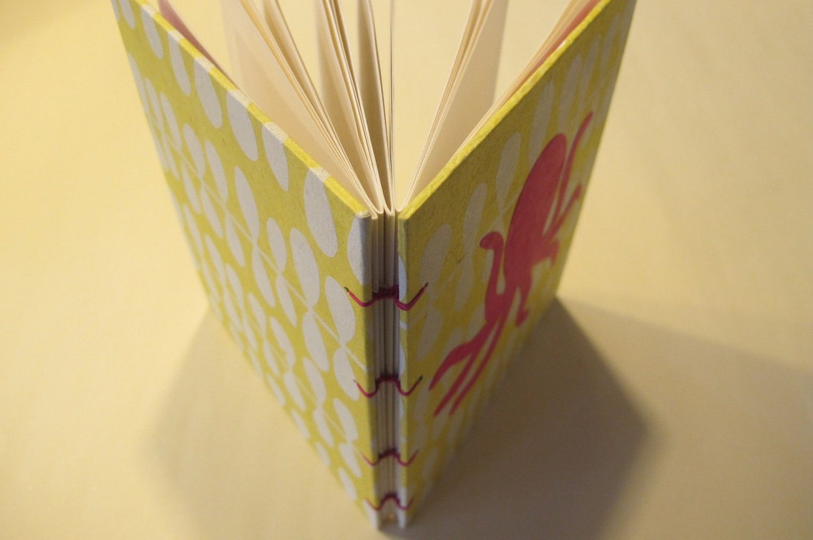 Octopus Small Journal Notebook Coptic Bound: Pink and Yellow Handmade ...