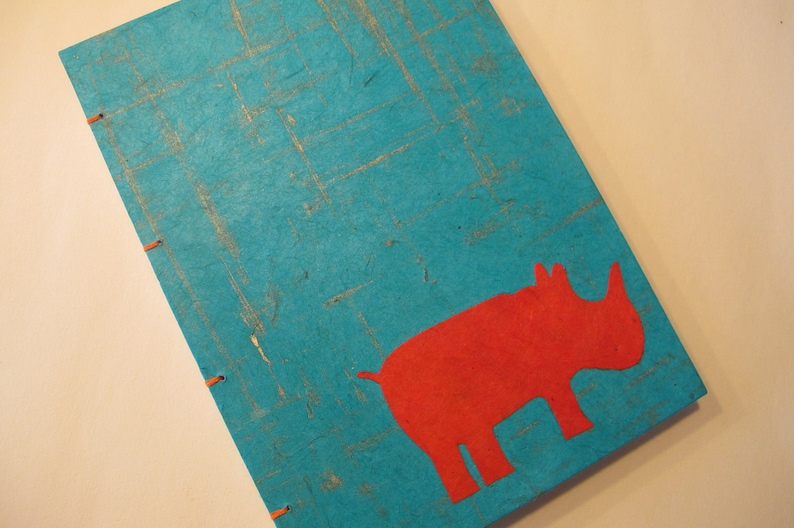 Rhino Handmade Journal Notebook: Turquoise and Orange Rhinoceros Hardbound Book - Etsy