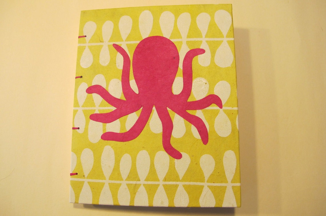 Octopus Small Journal Notebook Coptic Bound: Pink and Yellow Handmade ...