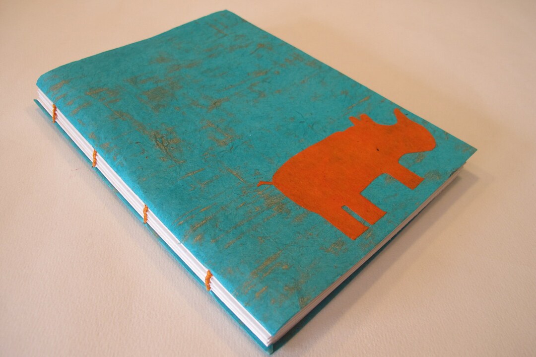 Rhino Handmade Journal Notebook: Turquoise and Orange Rhinoceros Coptic Bound Book - Etsy