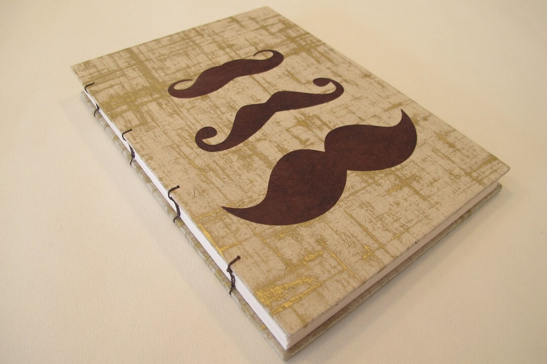 Mustache Handmade Journal Notebook: Gold and Brown Coptic Hardbound ...